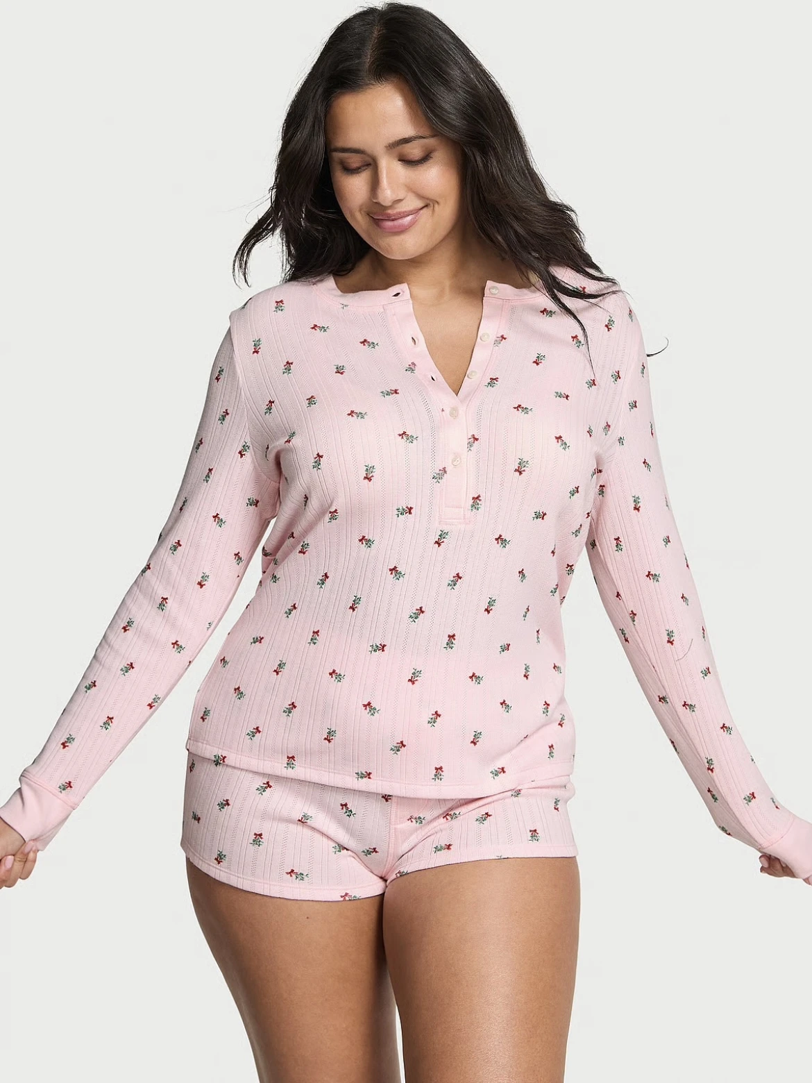 cozy pointelle henley short pajama set 小花睡衣組合